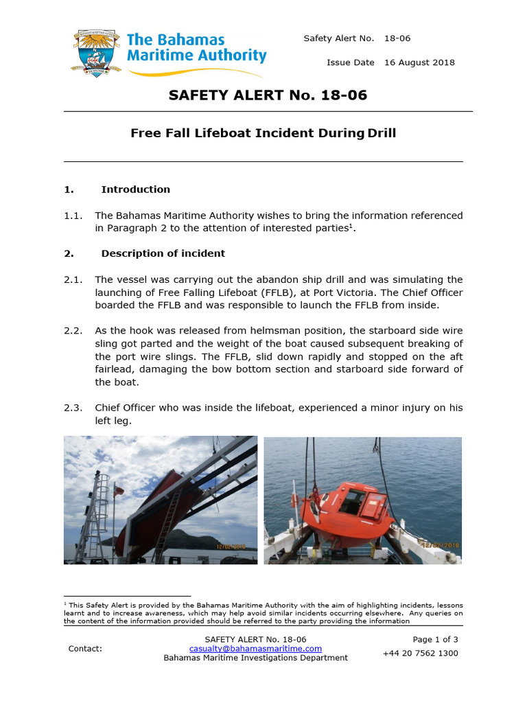 BMA Safety Alert 18 06 Free Fall Lifeboat Incident During Drill | PDF ...