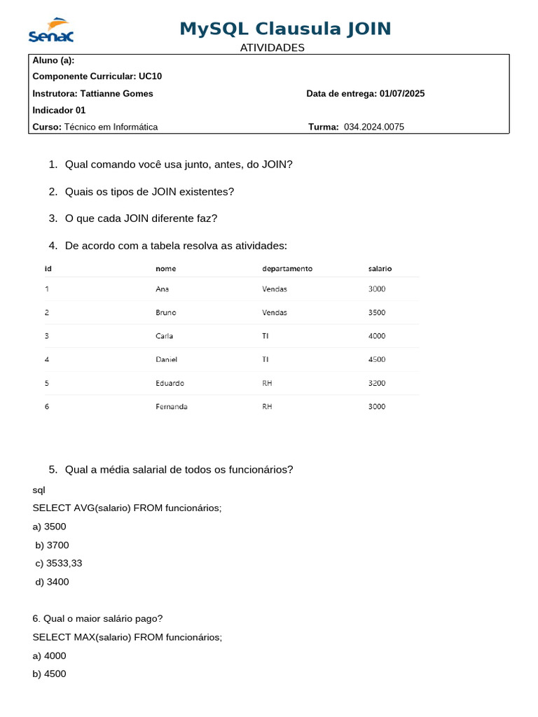MySQL - Atividades Alunos | PDF