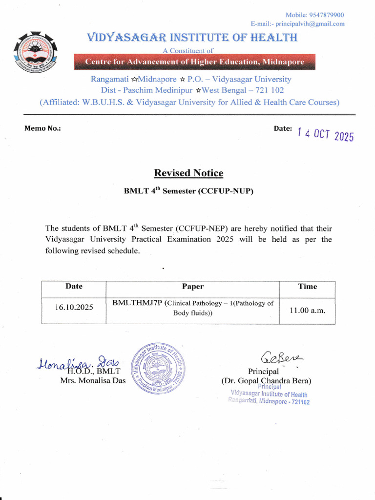 Revised Notice For BMLT 4th Sem Practical Exam 14.10.2025 | PDF