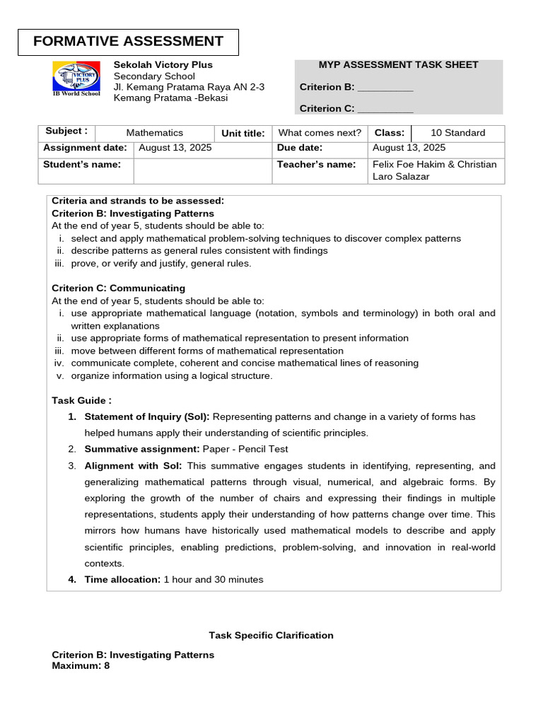 MYP Math Assessment: Investigating Patterns | PDF | Mathematics | Reason