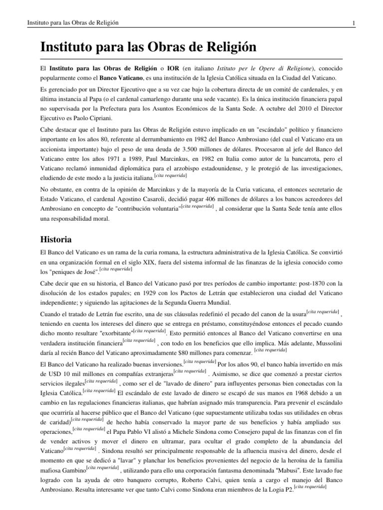 Historia y escándalos del IOR Vaticano | PDF | Ciudad del Vaticano | Papa