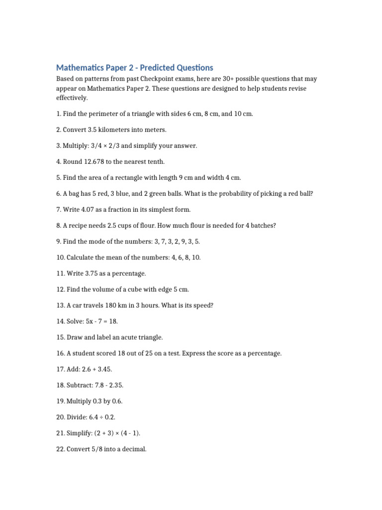 Predicted Questions for Math Paper 2 | PDF