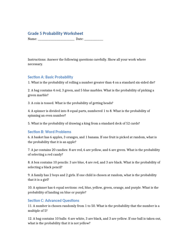 Grade 5 Probability Questions Worksheet | PDF | Probability