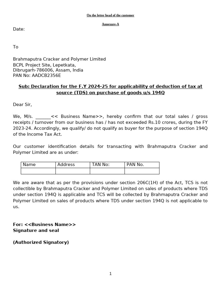 Declaration - Annexure A-194q Applicable - FY 24-25 | PDF