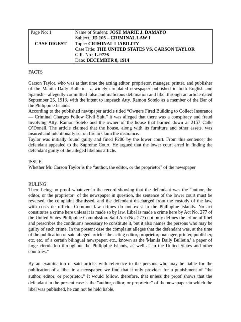 Criminal Liability Case: US vs. Taylor | PDF | Defamation | Newspapers