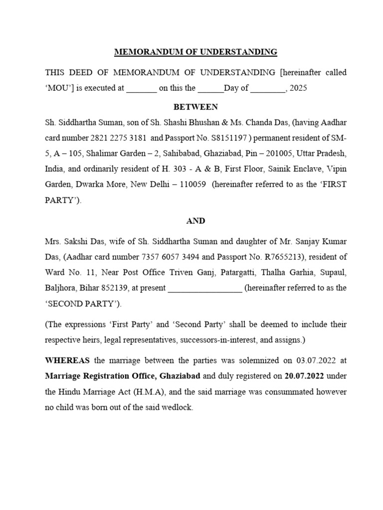 Draft MOU Siddhartha Sakshi Das Final | PDF | Jewellery | Marriage ...