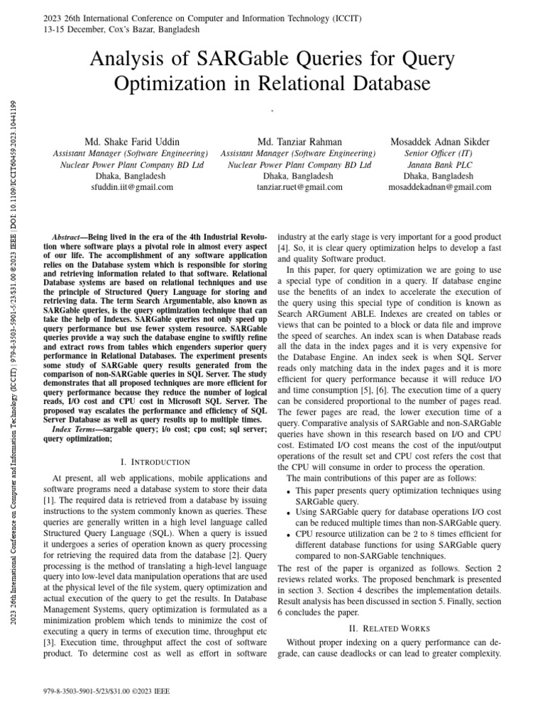 Analysis of SARGable Queries For Query Optimization in Relational Database | PDF | Microsoft Sql ...