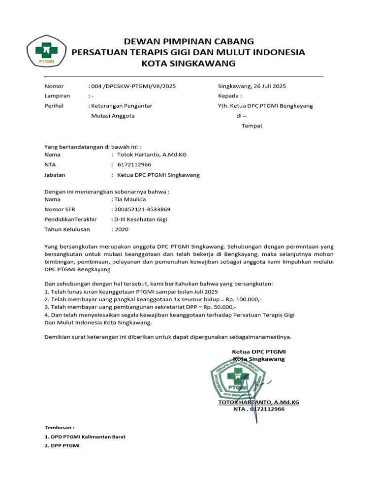 Keterangan Mutasi Anggota PTGMI Singkawang | PDF