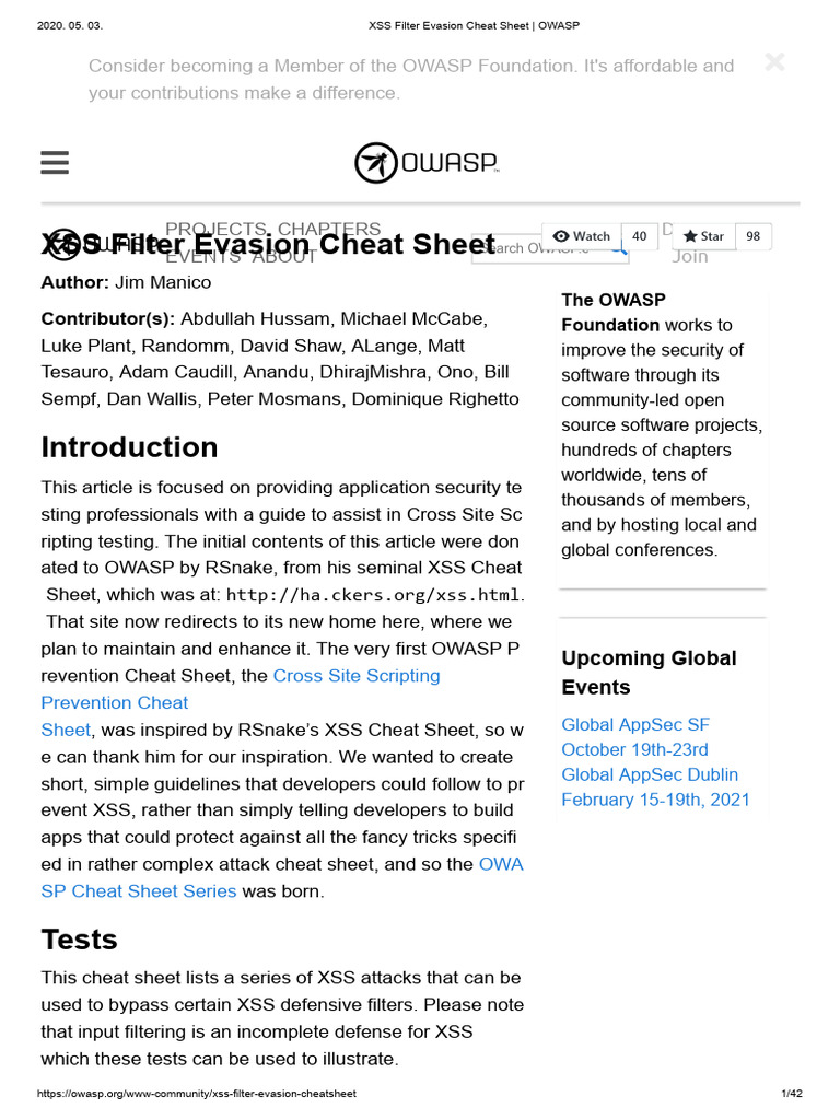XSS Filter Evasion Cheat Sheet - OWASP | PDF | Java Script | World Wide Web