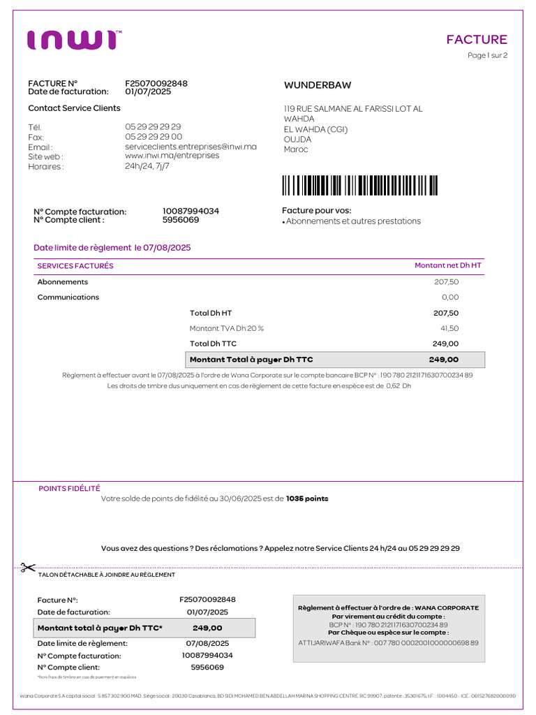 Facture Inwi - Juillet 2025 | PDF | Facture | Taxe sur la valeur ajoutée