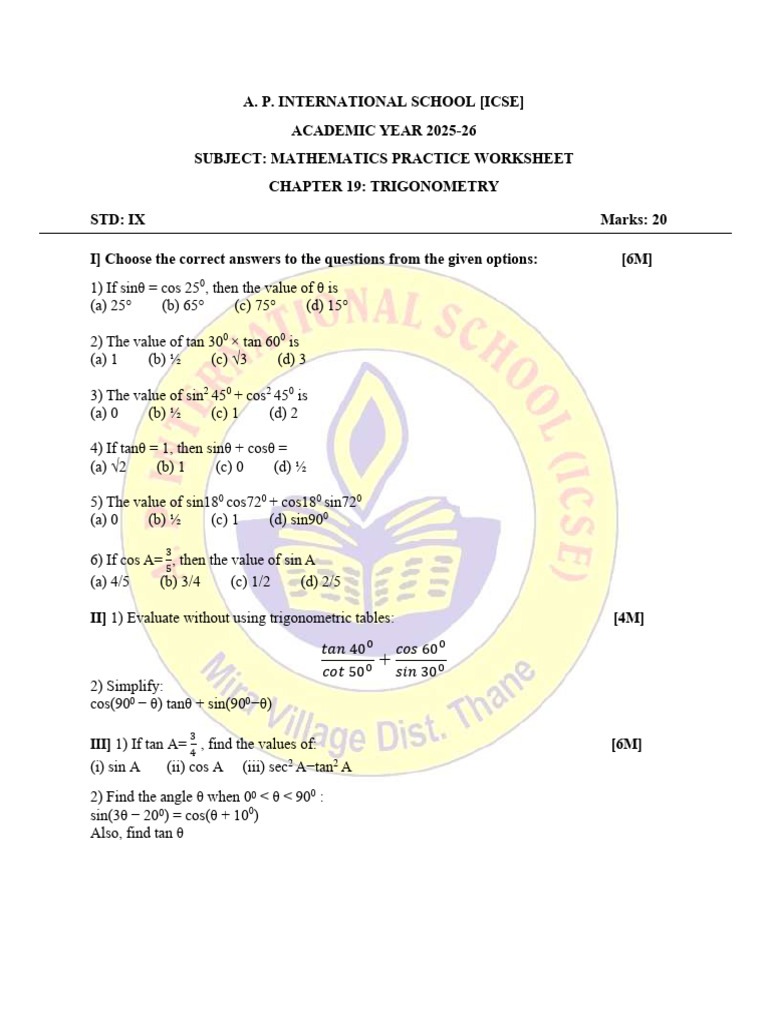Ix-Math Worksheet On CHP 19-Trigonometry | PDF