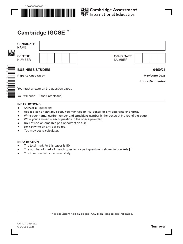Cambridge IGCSE: Business Studies 0450/21 | PDF | Business | Economies