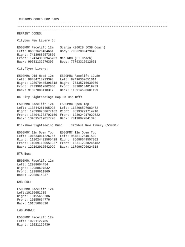 Customs Codes for SIBS Buses | PDF
