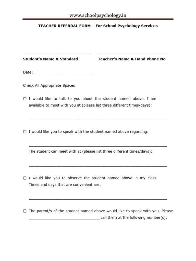 Teacher Referral Form for School Psychology | PDF | Psychological ...