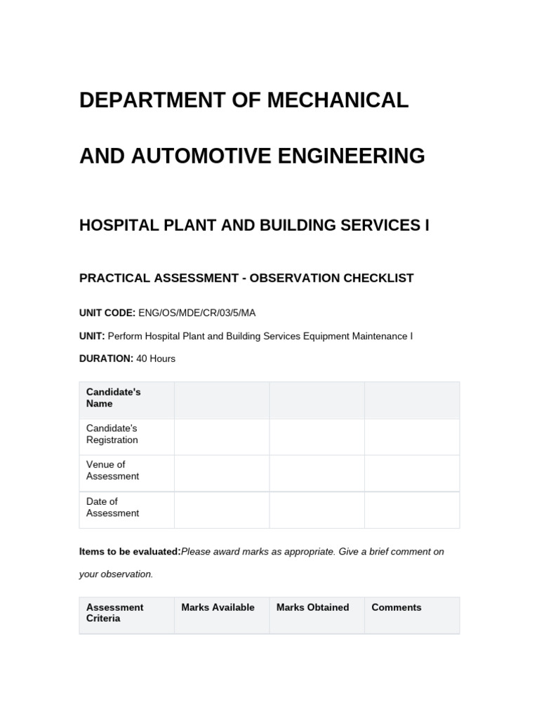 Hospital Plant and Building Services Equipment Maintenance I ...