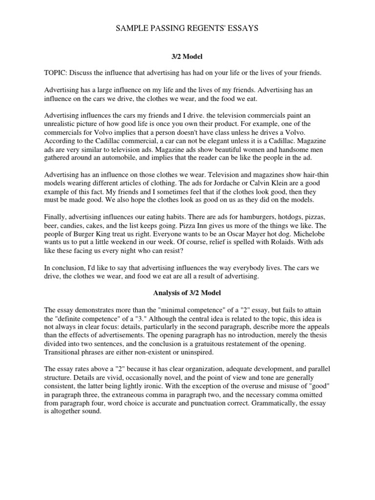 Sample Passing Regents' Essays: 3/2 Model | PDF | Essays | Advertising