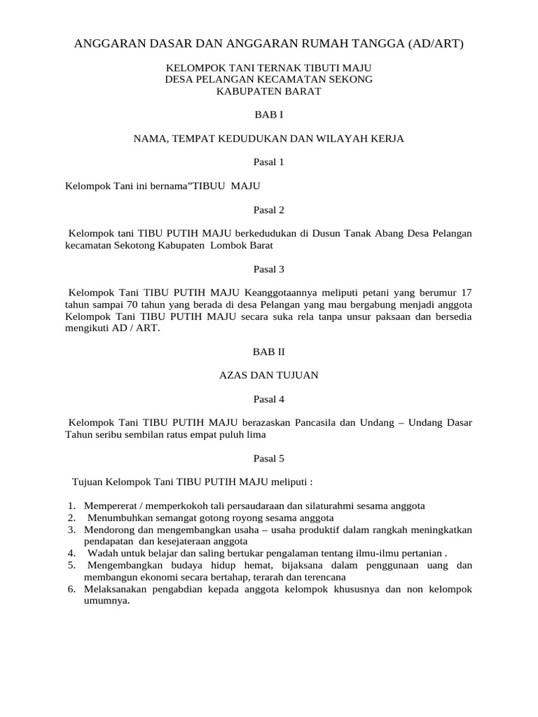 AD/ART Kelompok Tani Tibu Putih Maju | PDF