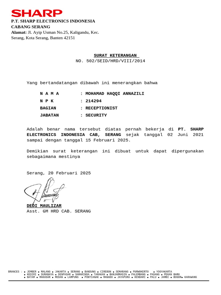 Surat Keterangan Kerja Mohamad Haqqi | PDF