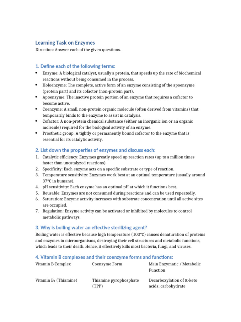 Learning Task On Enzymes | PDF | Enzyme | Cofactor (Biochemistry)