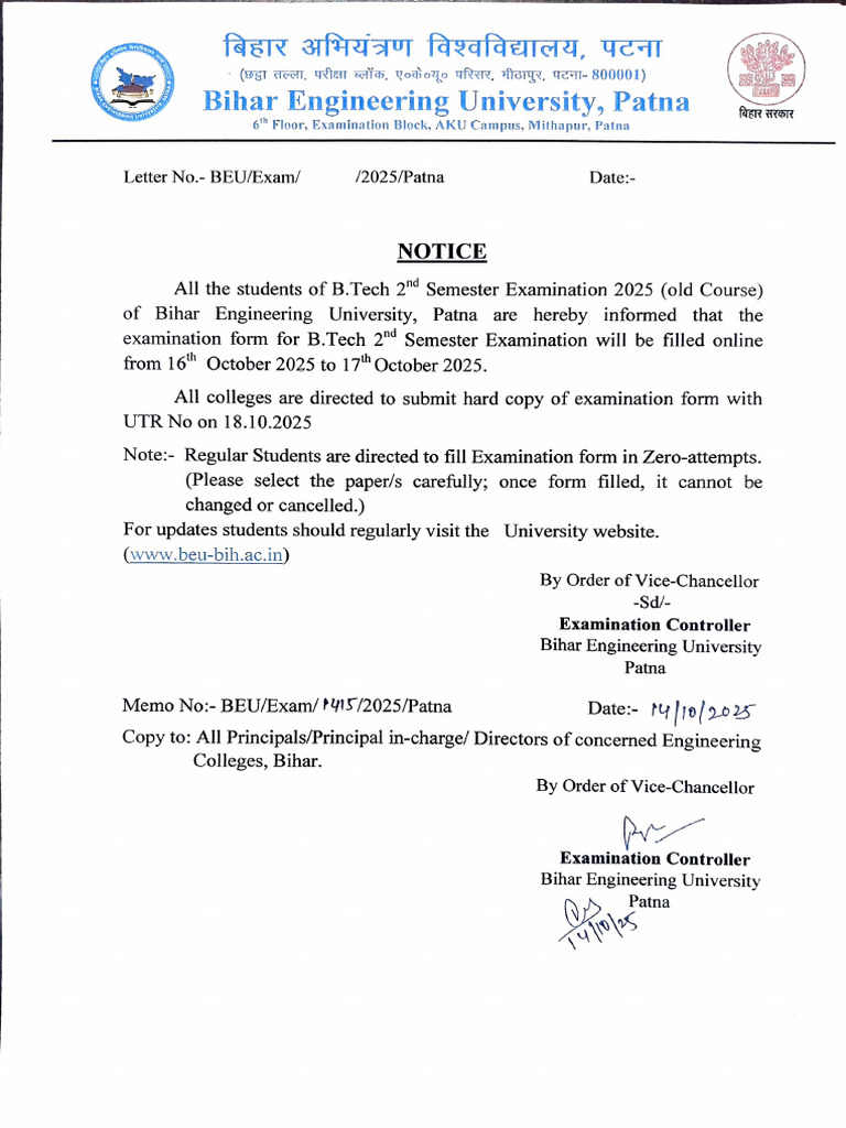 Bihar Engineering University, Patna: Copy To: All Principals/Principal ...