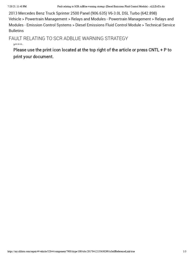Fault Relating To SCR AdBlue Warning Strategy (Diesel Emissions Fluid ...