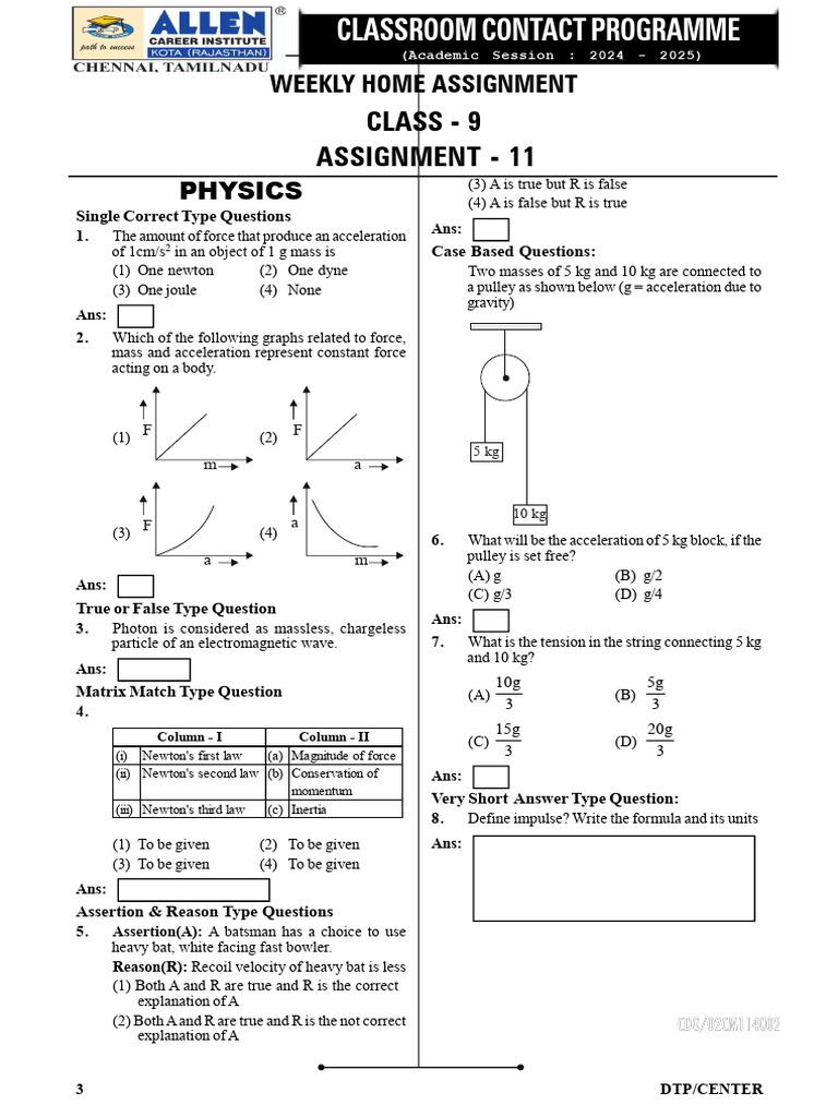 Class 9 Physics Weekly Assignment 11 | PDF | Force | Newton's Laws Of Motion