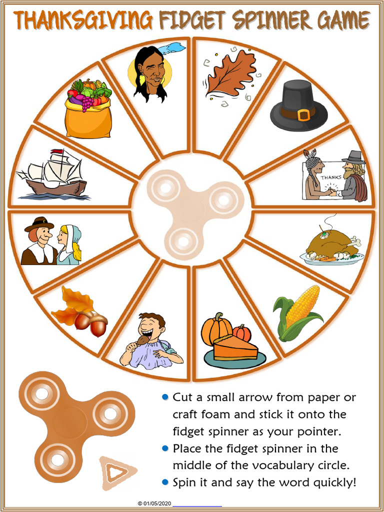 Thanksgiving Vocabulary Esl Printable Fidget Spinner Game For Kids | PDF