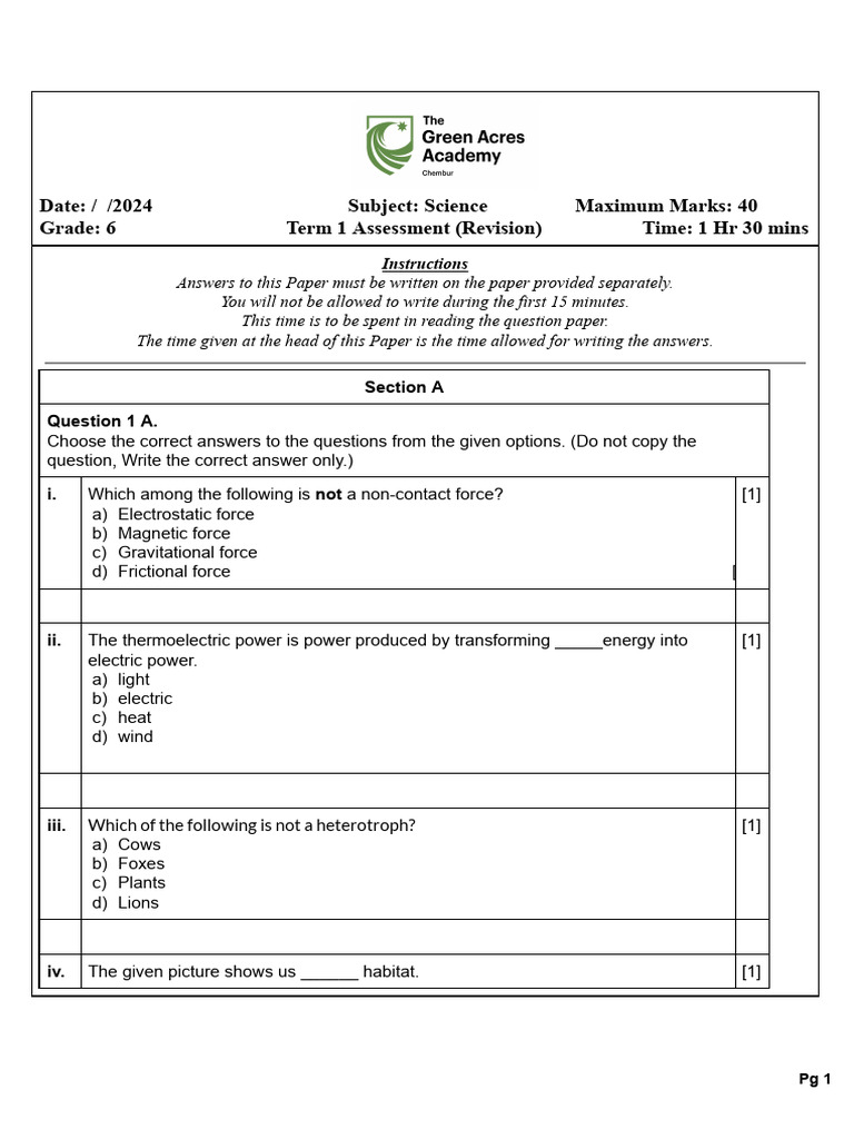 Gr6 Term1 Science Revision Paper 2024-25 QP | PDF | Water | Atoms
