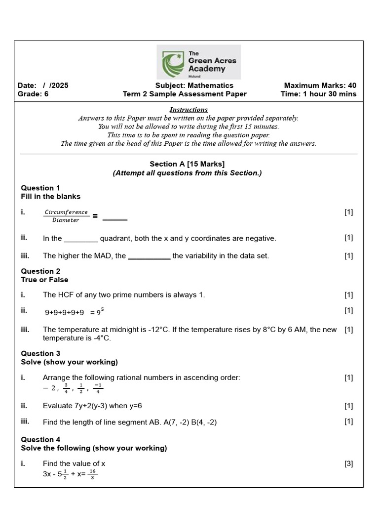 CH Grade 6 - Math - Term 2 Revision Paper QP (24-25) | PDF | Mathematics