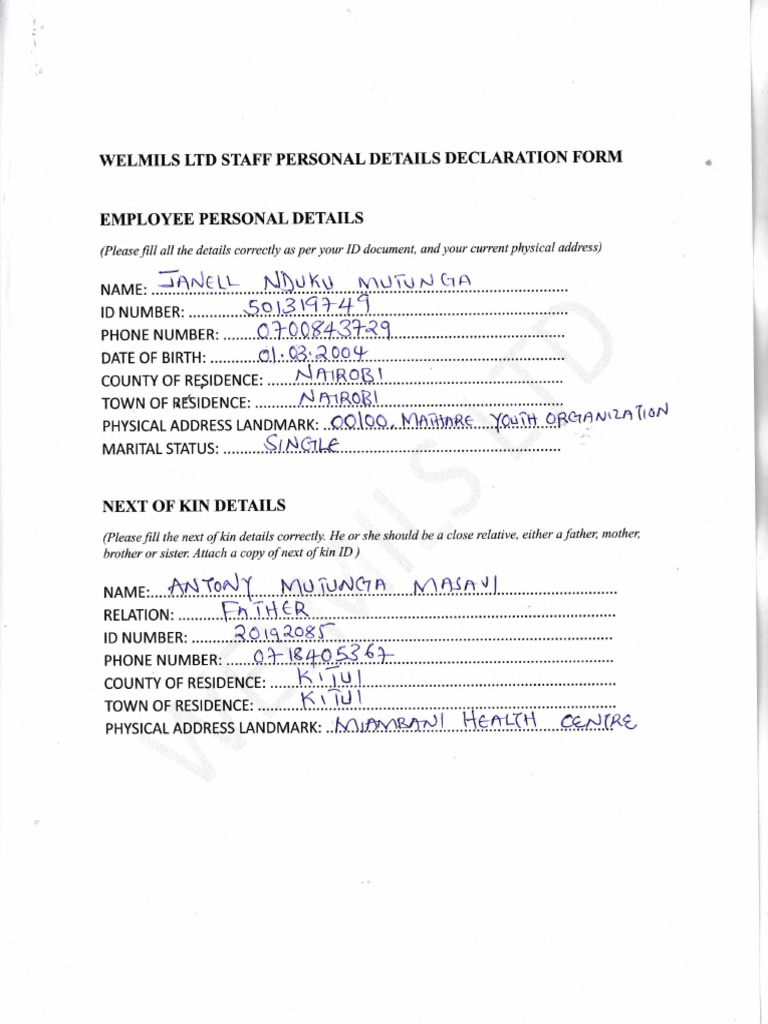 Filled Welmils LTD Staff Personnal Details Declaration Form | PDF