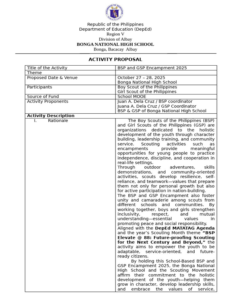 Activity Proposal BSP and GSP Encampment | PDF | Scouting