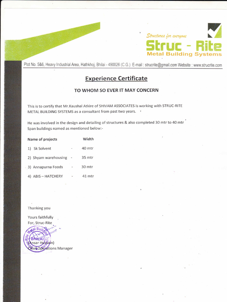 Consultant Experience Certificate for Metal Buildings | PDF