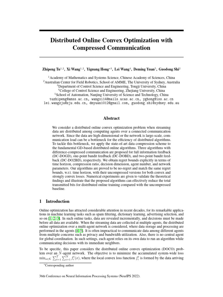 NeurIPS 2022 Distributed Online Convex Optimization With Compressed ...