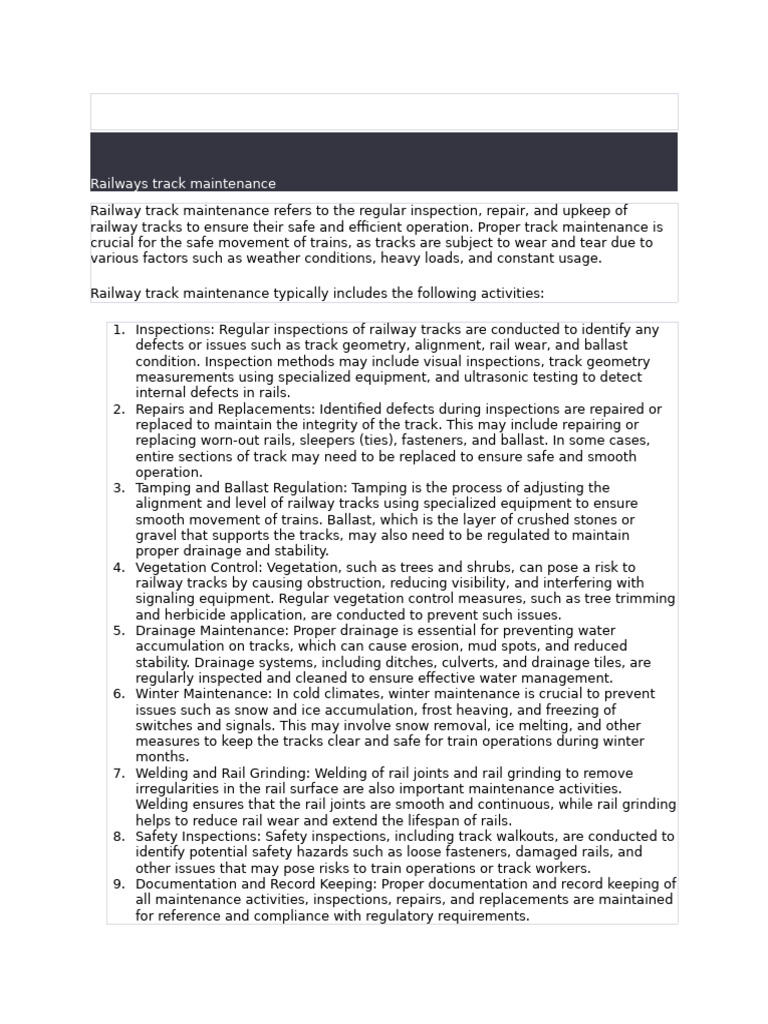 Railway Track Maintenance Strategies | PDF | Monitoring (Medicine ...