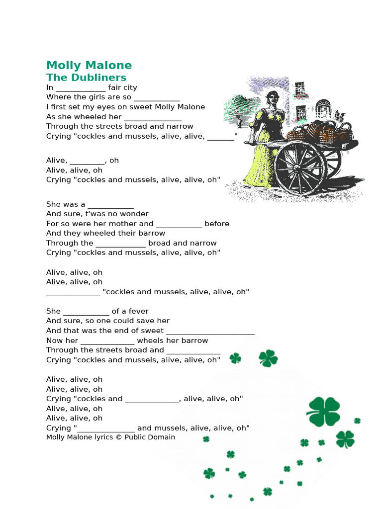 Molly Malone Song Gap Fill Activities With Music Songs Nursery Rhymes ...