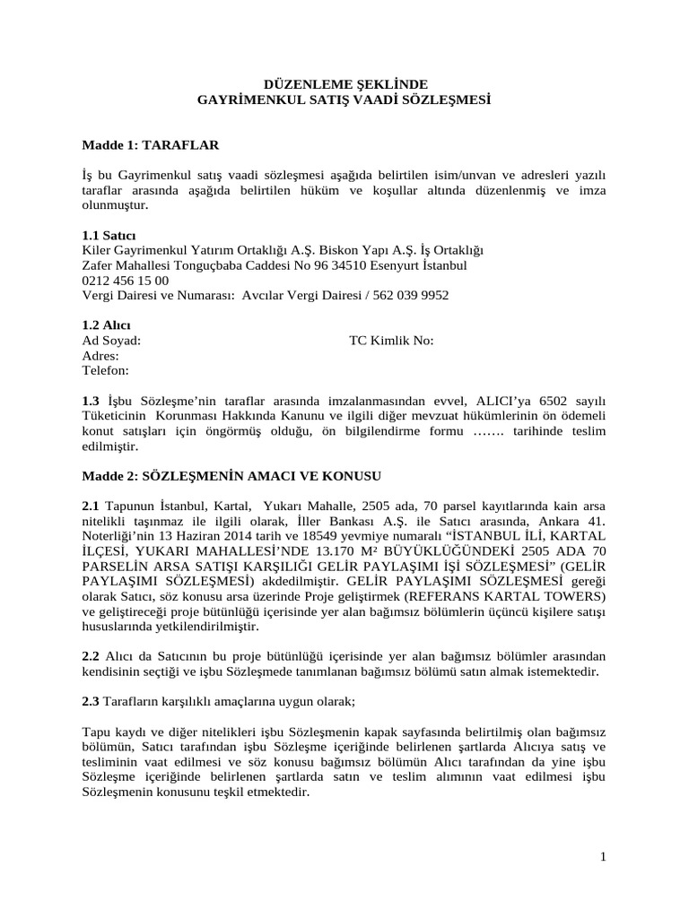 İLLER BANKASI Ön Ödemeli Satış Vaadi Sözleşmesi - Rev12052015 | PDF