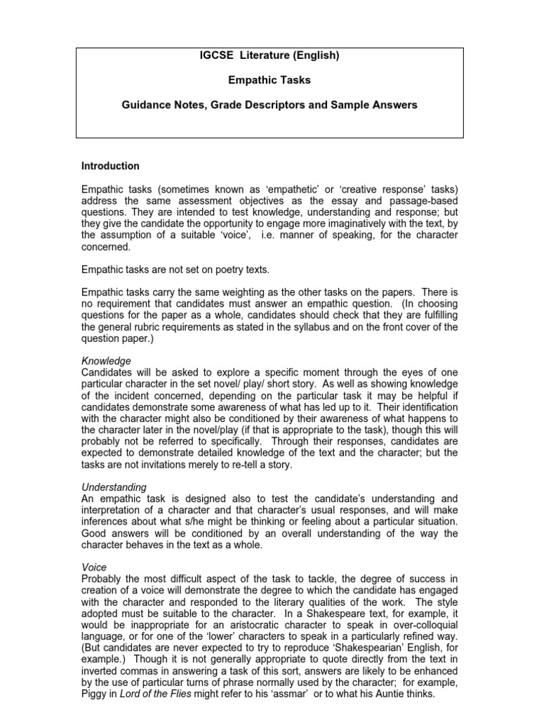 IGCSE Literature (English) Empathic Tasks Guidance Notes, Grade ...