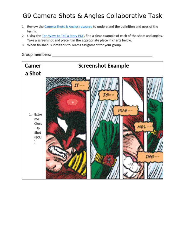 G9 Camera Shots and Angles Collaborative Task | PDF
