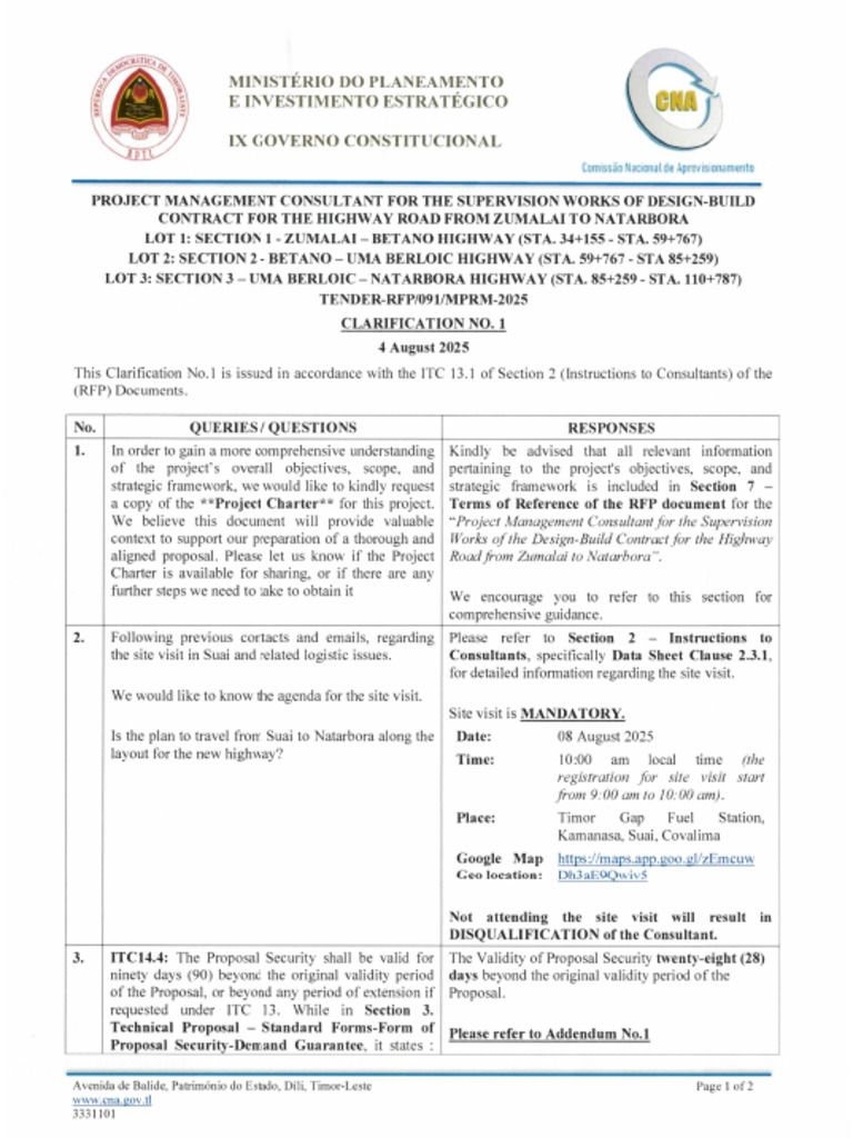 Clarification No1 Tender RFP 091 MPRM 2025 | PDF