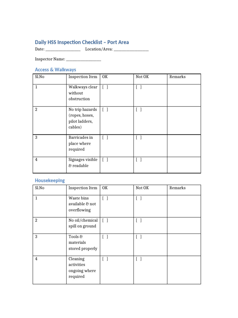 Daily HSS Inspection Checklist Port | PDF | Occupational Safety And ...
