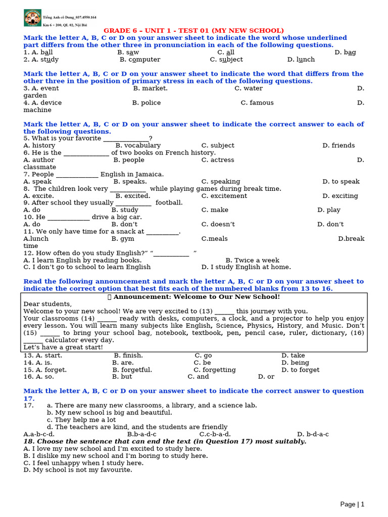 Grade 6 English Test: My New School | PDF | Lesson | Classroom