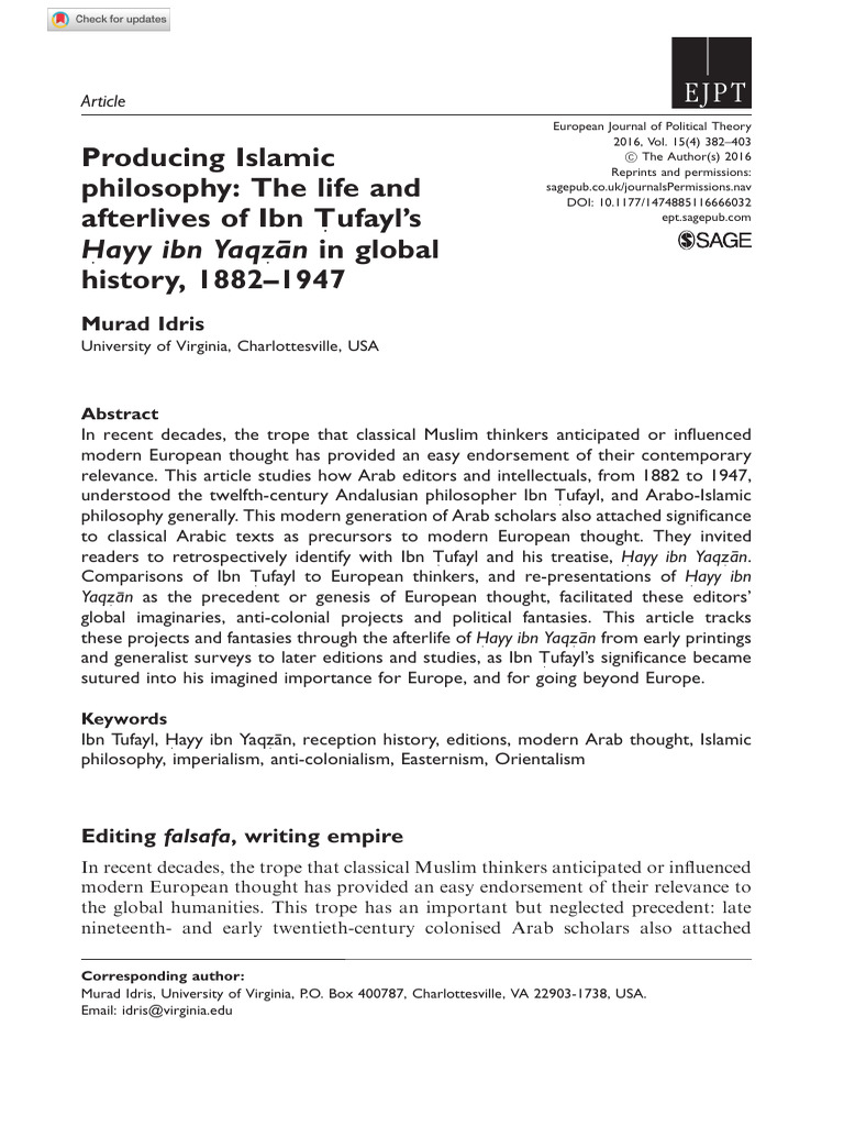 Idris 2016 Producing Islamic Philosophy The Life and Afterlives of Ibn ...
