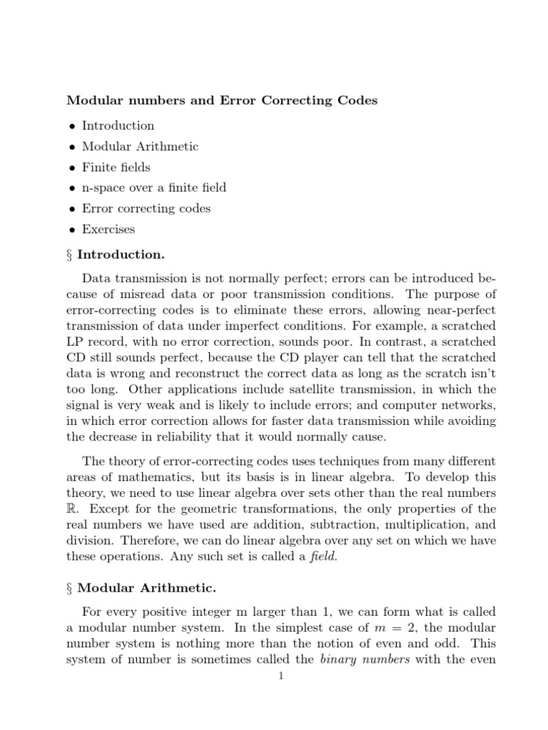 Introduction - Modular Arithmetic - Finite Fields - N-Space Over A Finite Field - Error ...