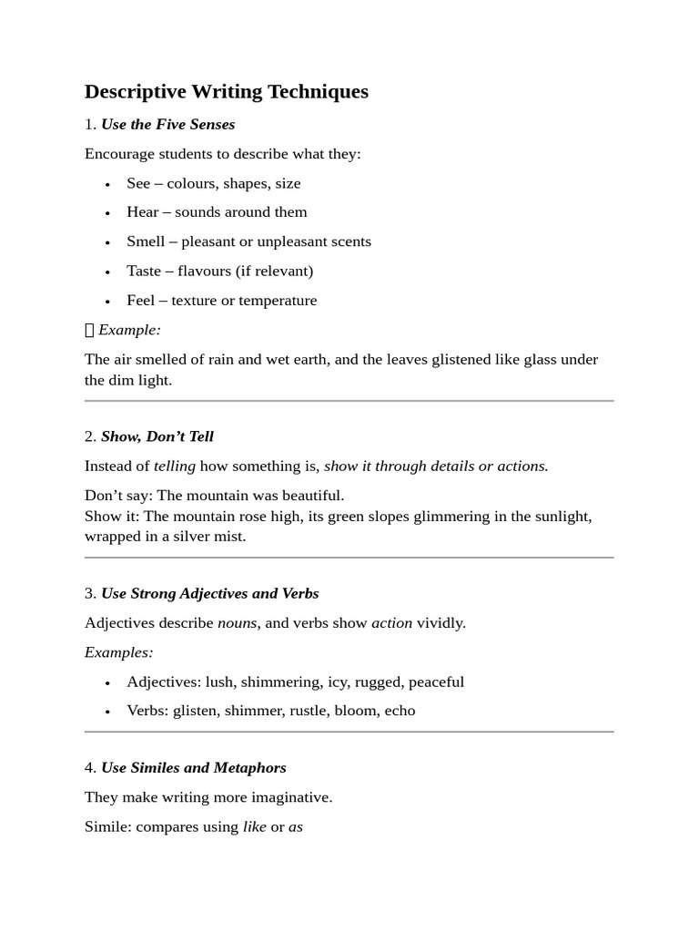 Descriptive Writing Techniques | PDF | Senses