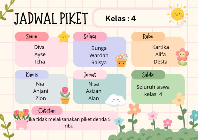 Jadwal Piket Kelas Kreatif Ilustratif Berwarna Biru Dan Merah Muda | PDF