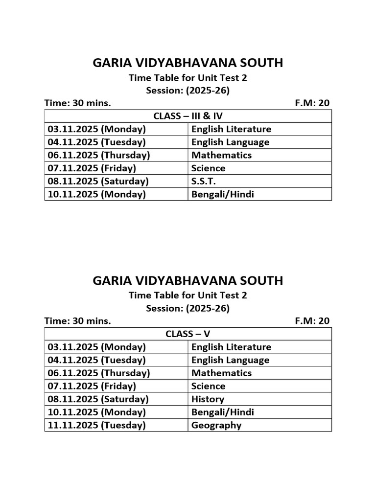Time Table - Unit Test 2 (CL III & CL VI) | PDF