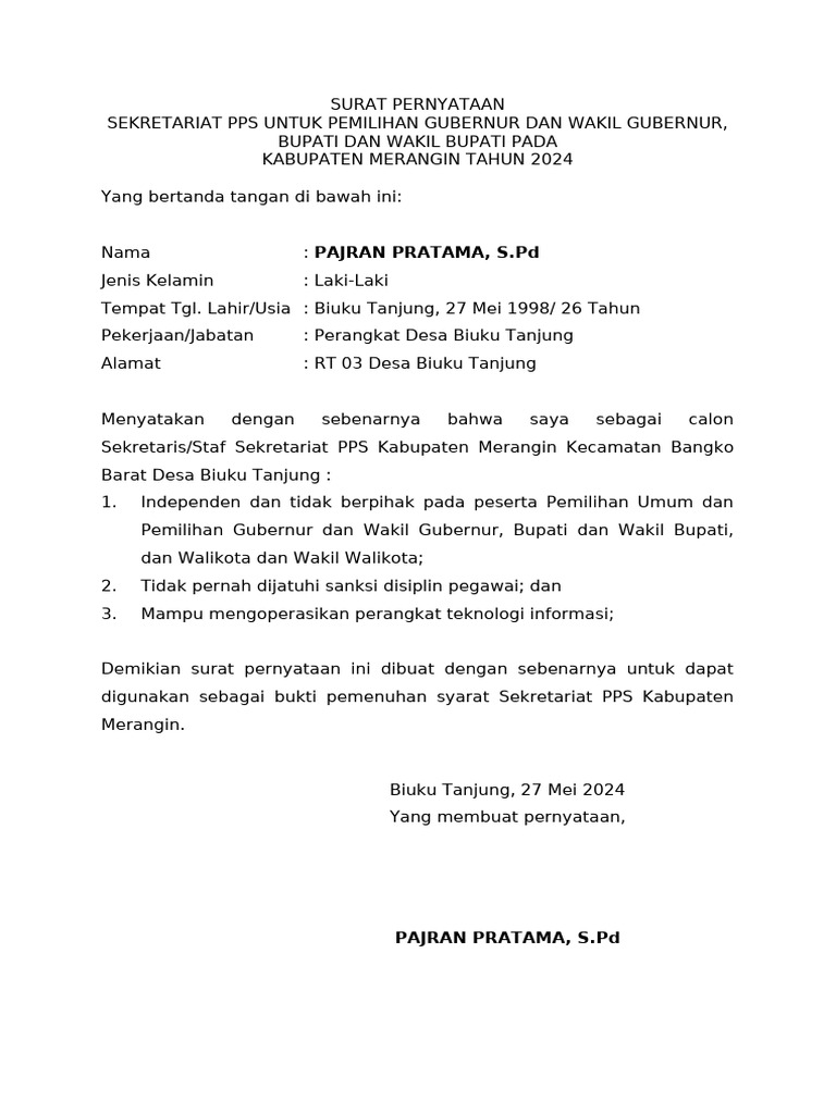 Surat Pernyataan Calon Sekretariat Pps Biuku Tanjung | PDF