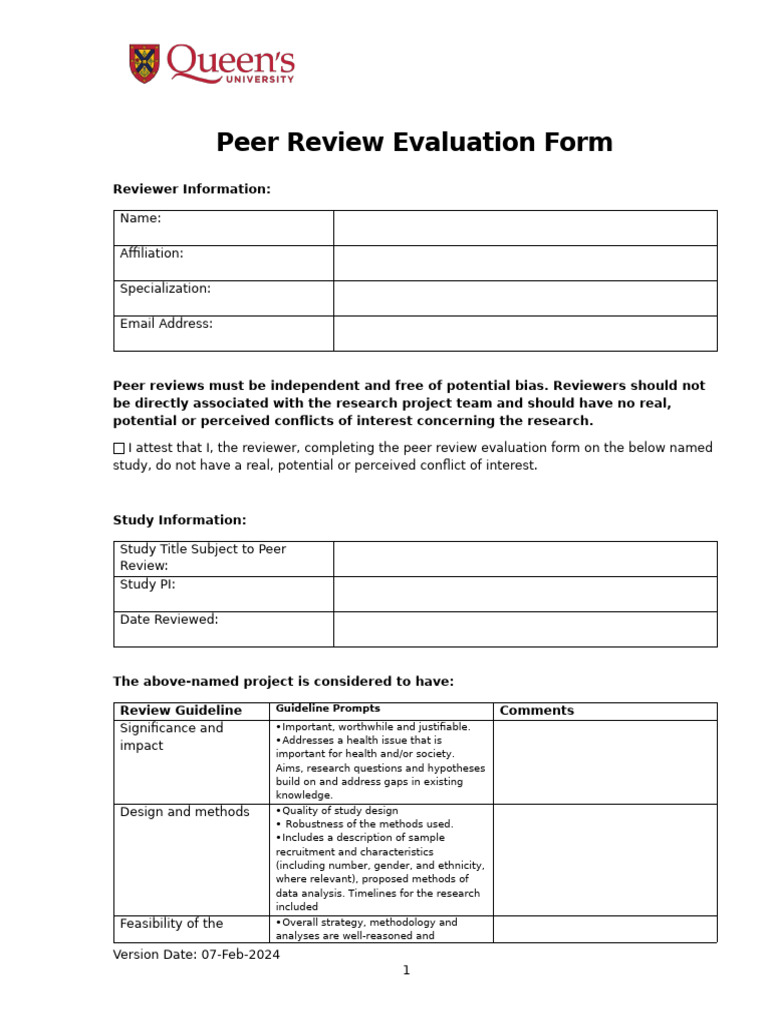 Peer Review Evaluation Form Template | PDF | Peer Review | Scientific ...