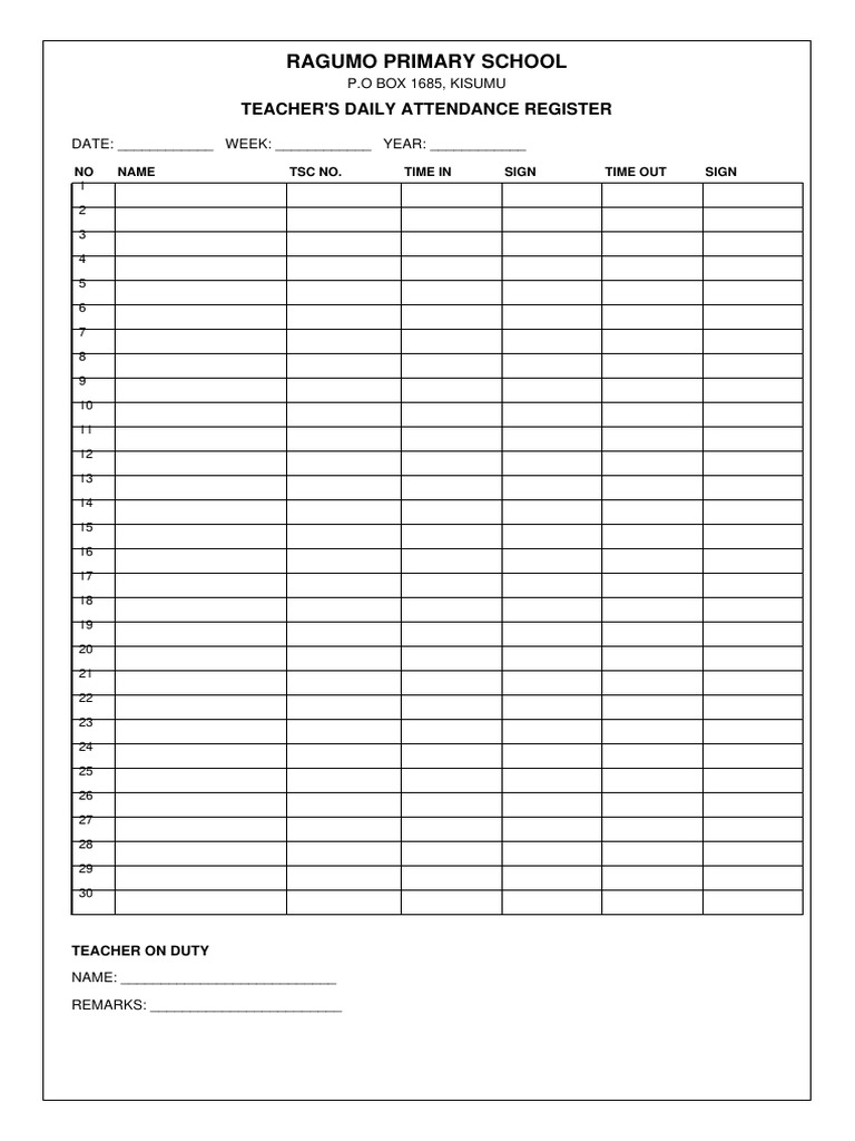 Teacher Attendance Register Template | PDF