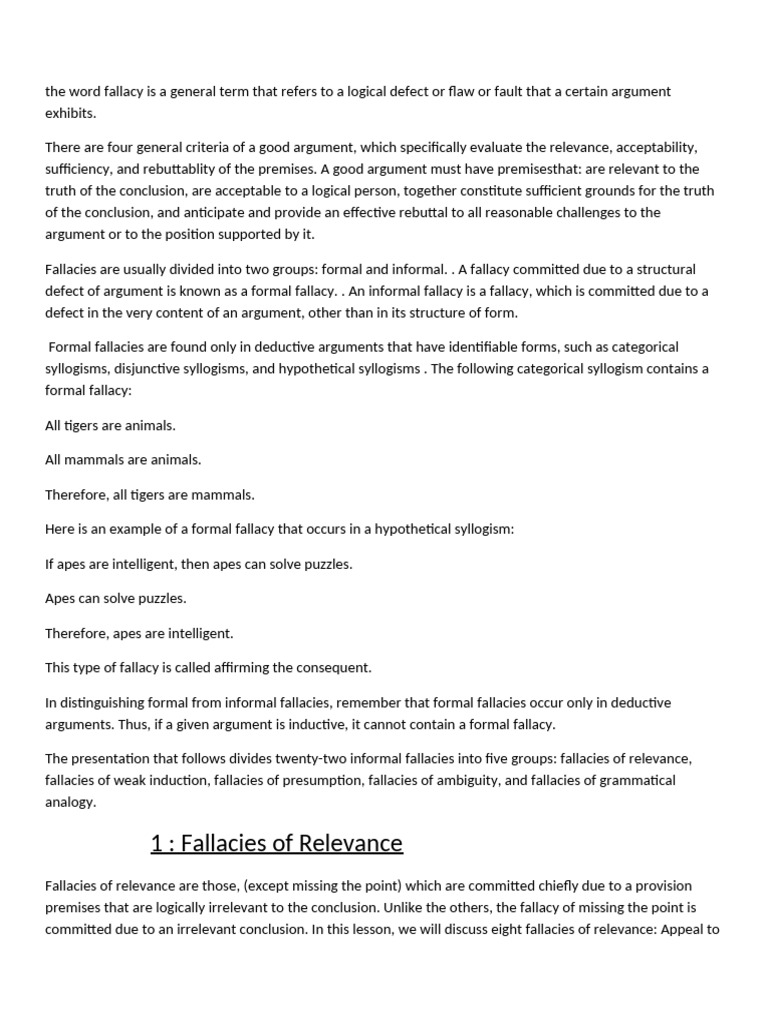 The Word Fallacy Is A General Term That Refers To A Logical Defect or ...